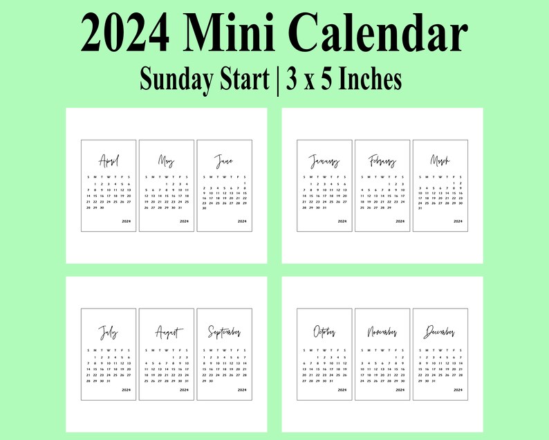 2024 Mini Calendar Printable PDF, 3 X 5 Inches, Small Calendar, Sunday ...