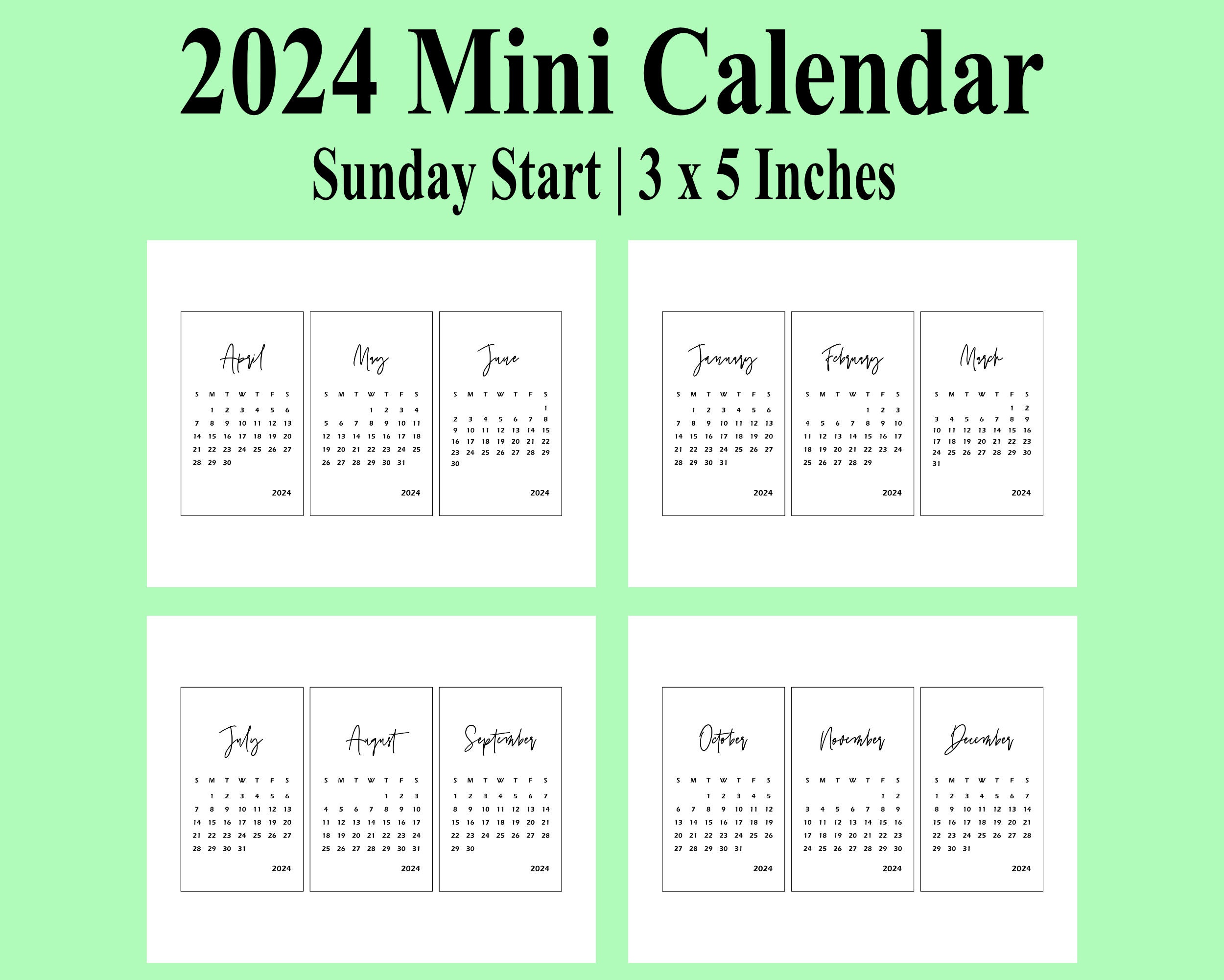 2024 Mini Calendar Printable PDF, 3 X 5 Inches, Small Calendar, Sunday ...
