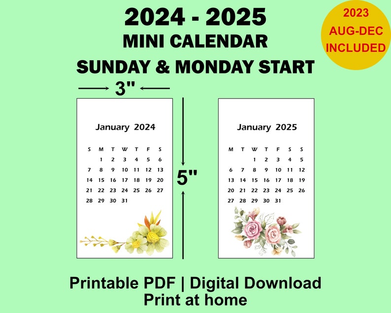 2024 2025 Floral Watercolor Mini Calendar Printable PDF, 3x5 Inches ...