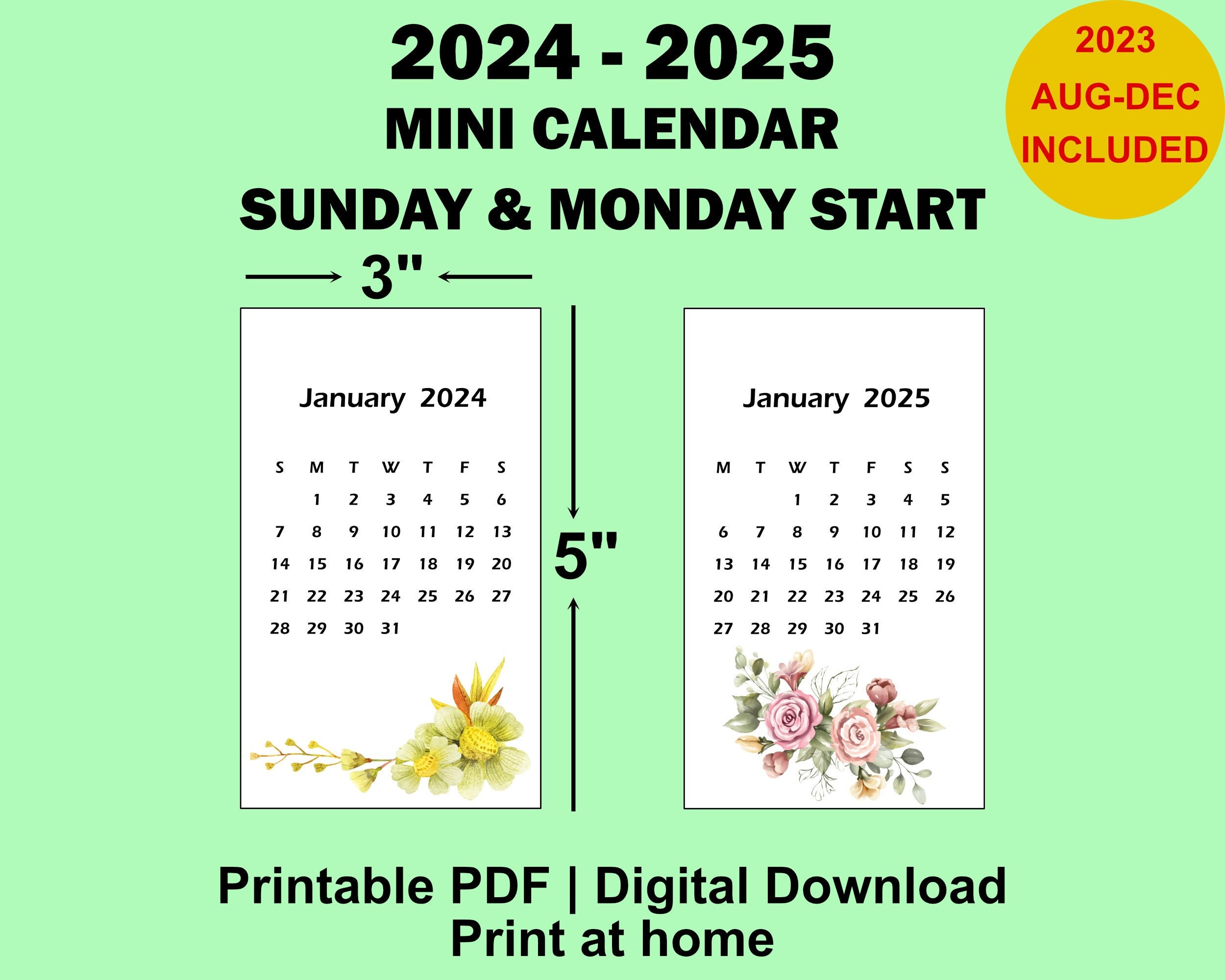 2024 2025 Floral Watercolor Mini Calendar Printable PDF, 3x5 Inches ...