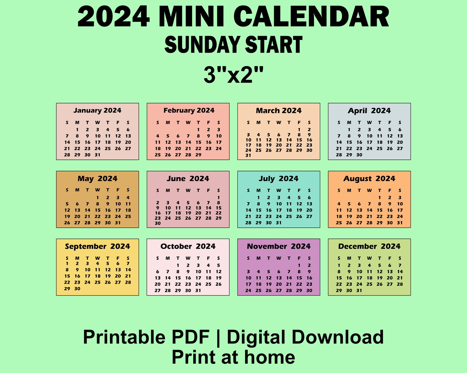 2024 Mini Calendar Printable PDF, 3x2 Inches, Pocket Calendar, Journal ...