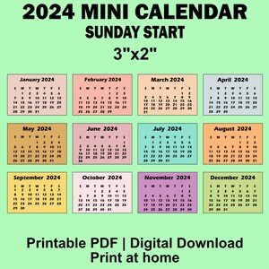 2024 Mini Calendar Printable PDF, 3x2 Inches, Pocket Calendar, Journal ...