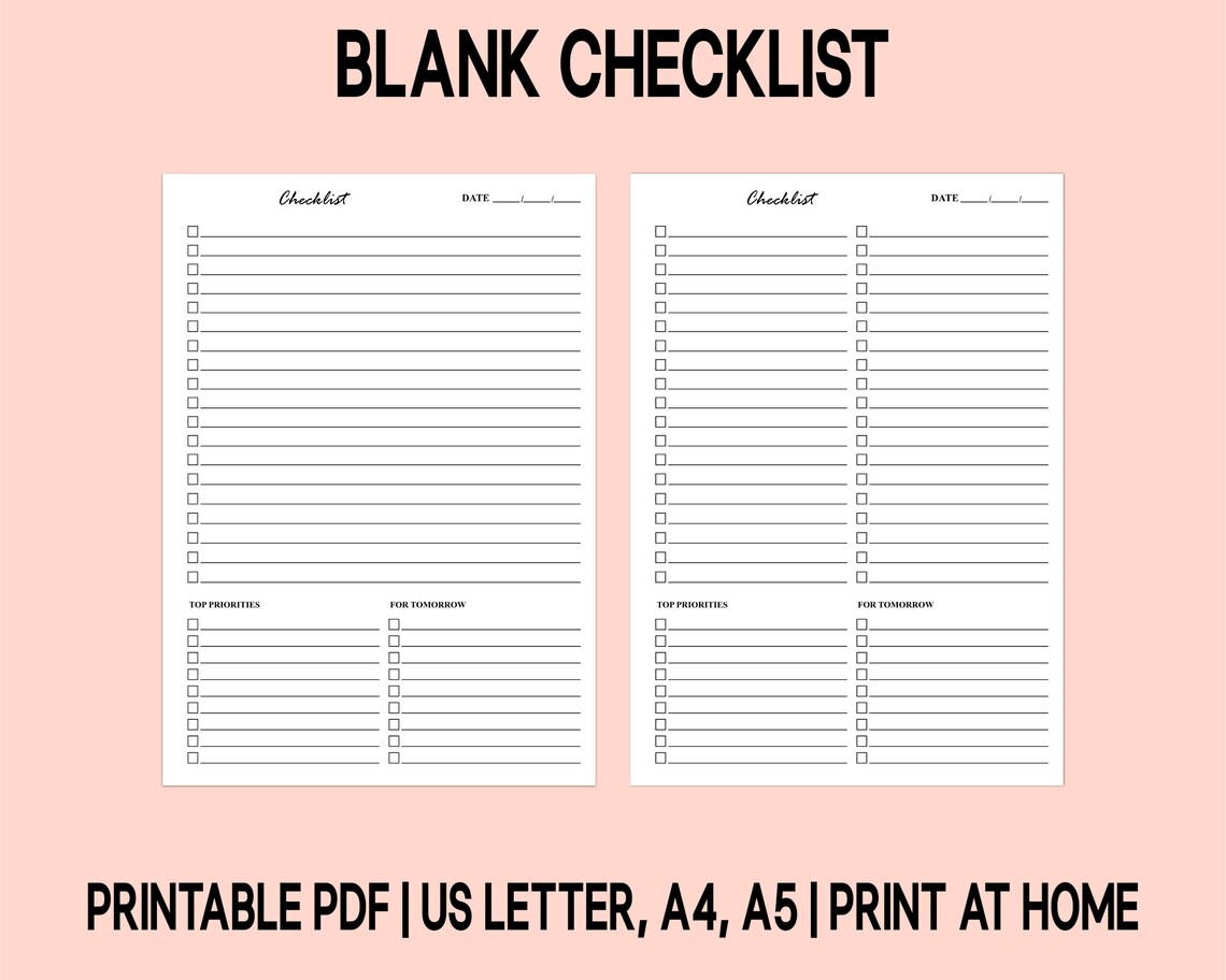 Blank Checklist Template Printable PDF, 2 Versions Checklist, Letter ...