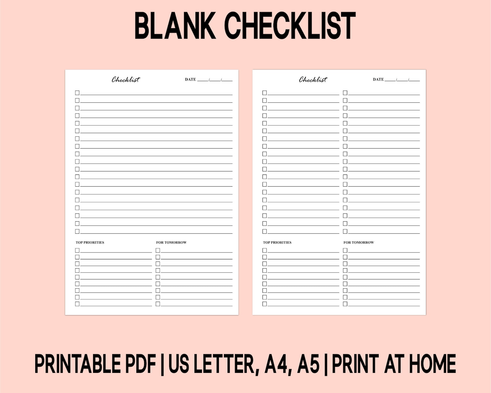 Blank Checklist Template Printable PDF, 2 Versions Checklist, Letter ...