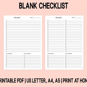 Blank Checklist Template Printable PDF, 2 Versions Checklist, Letter ...