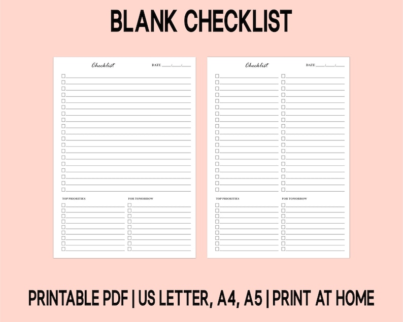 Blank Checklist Template Printable PDF, 2 Versions Checklist, Letter ...