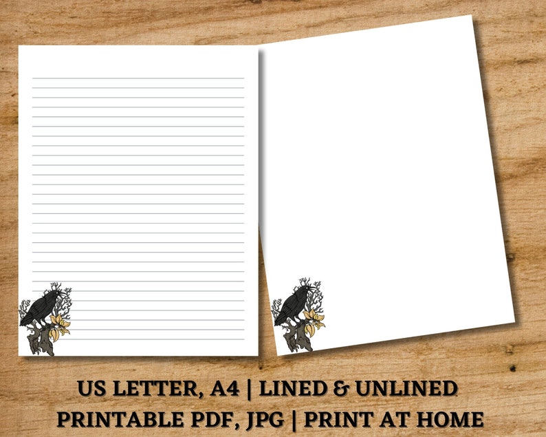 Printable Raven Stationery, Letter Writing Paper, Lined and Unlined ...