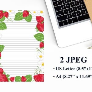 Printable Strawberries Stationery, Instant Download, Blank and Lined ...