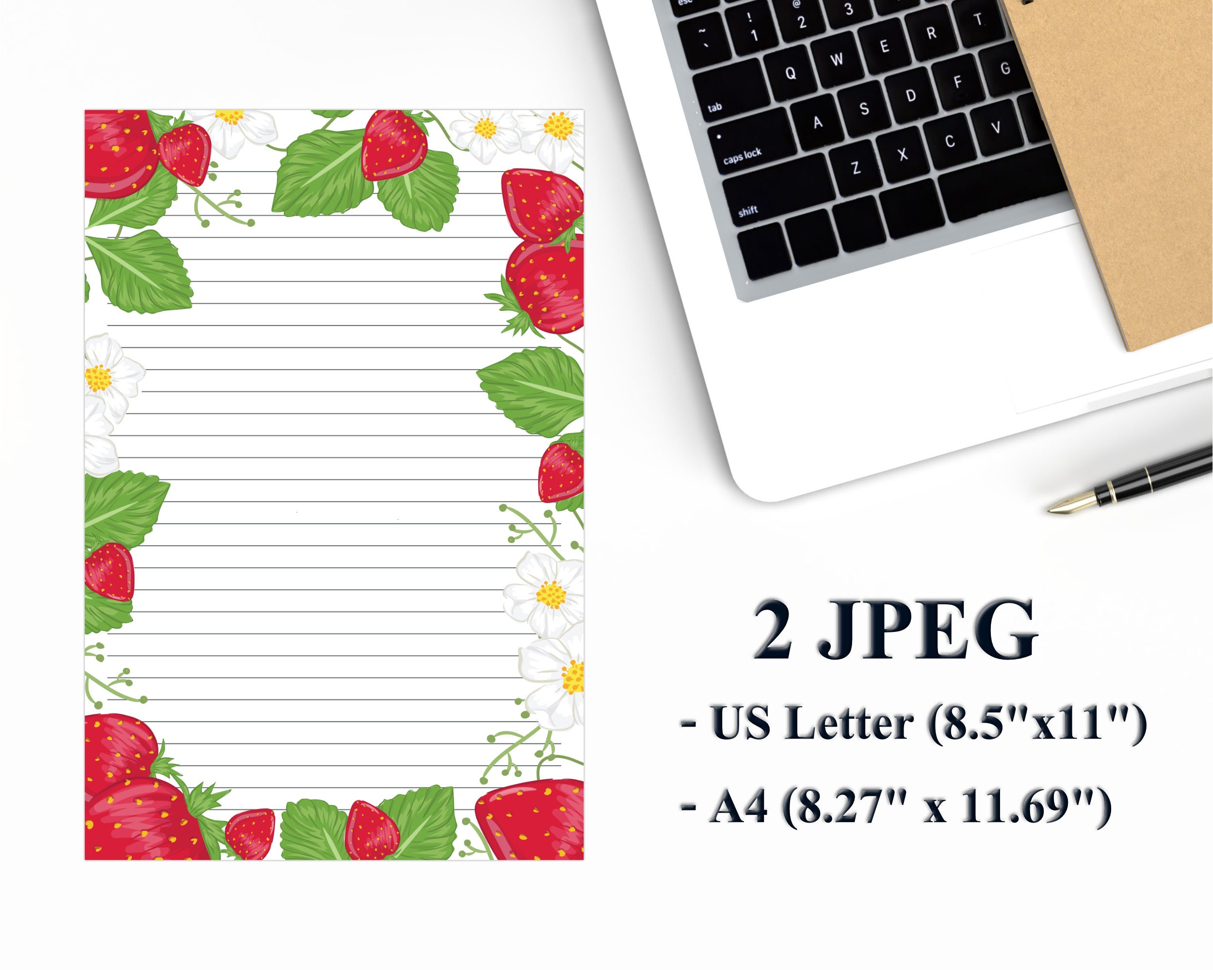 Printable Strawberries Stationery, Instant Download, Blank and Lined ...