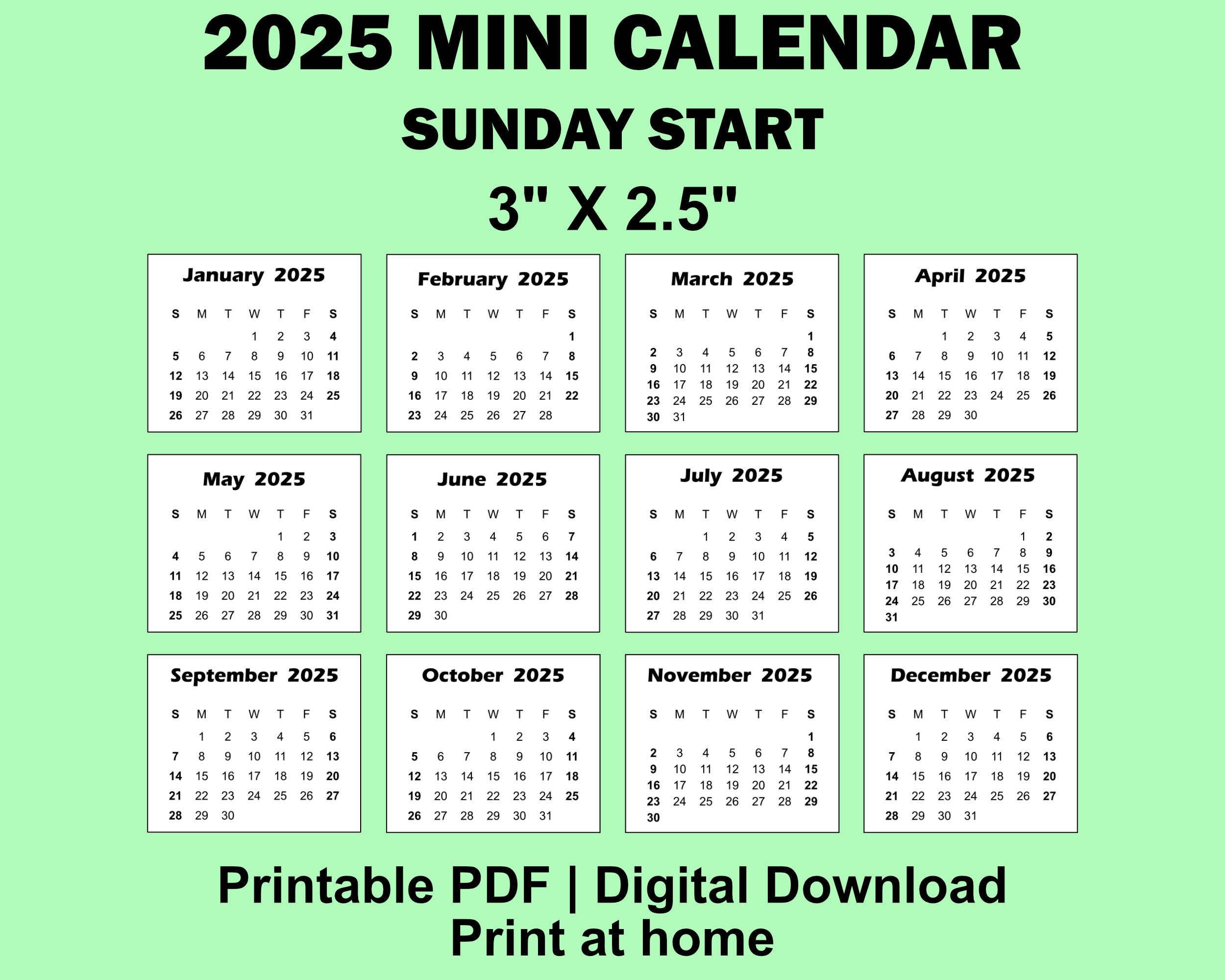 2024 2025 Mini Calendar Printable PDF, 3x2.5 Inches, Monday and Sunday ...