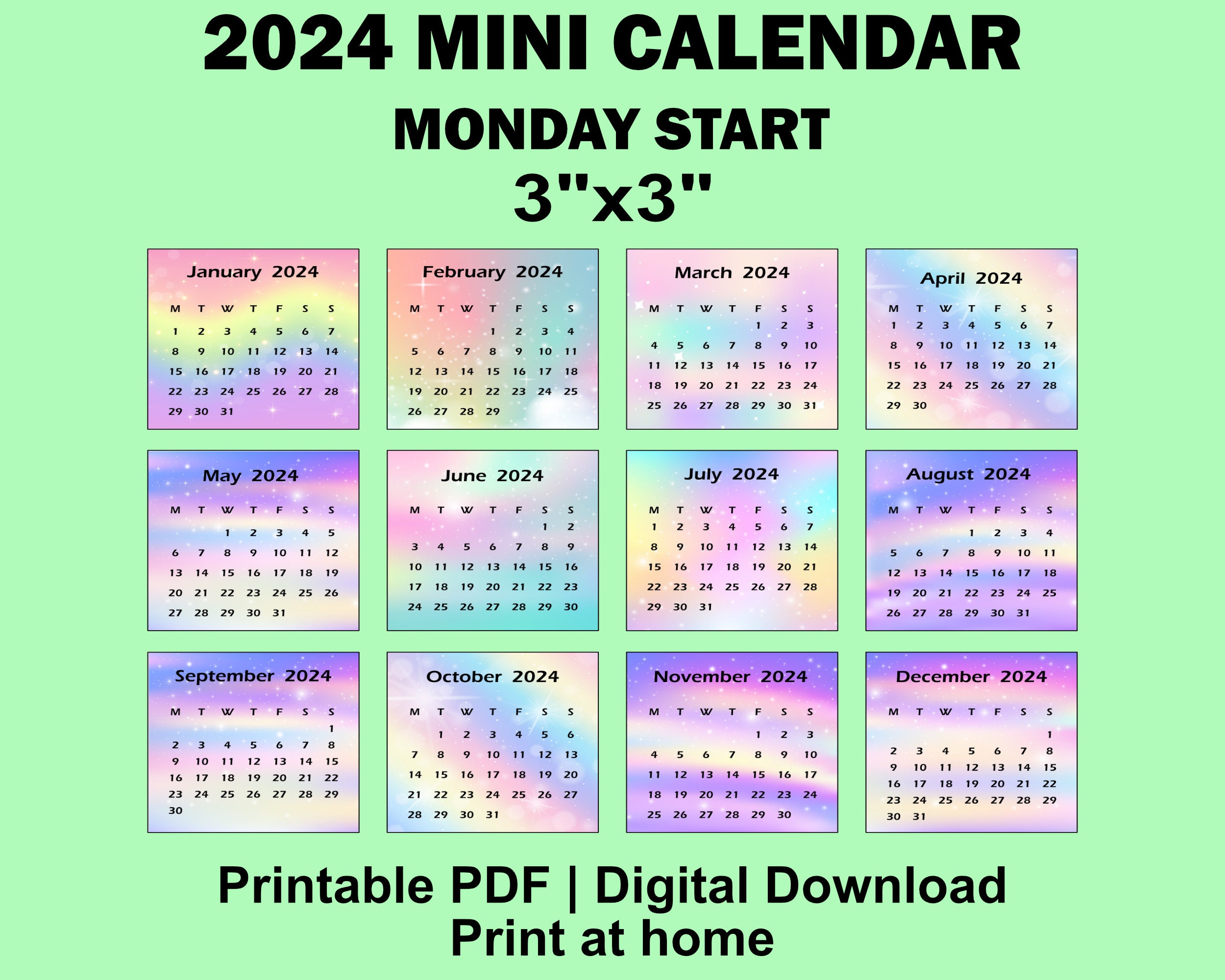 2024 Rainbow Mini Calendar Printable PDF, 3x3 Inches, Desk Calendar ...