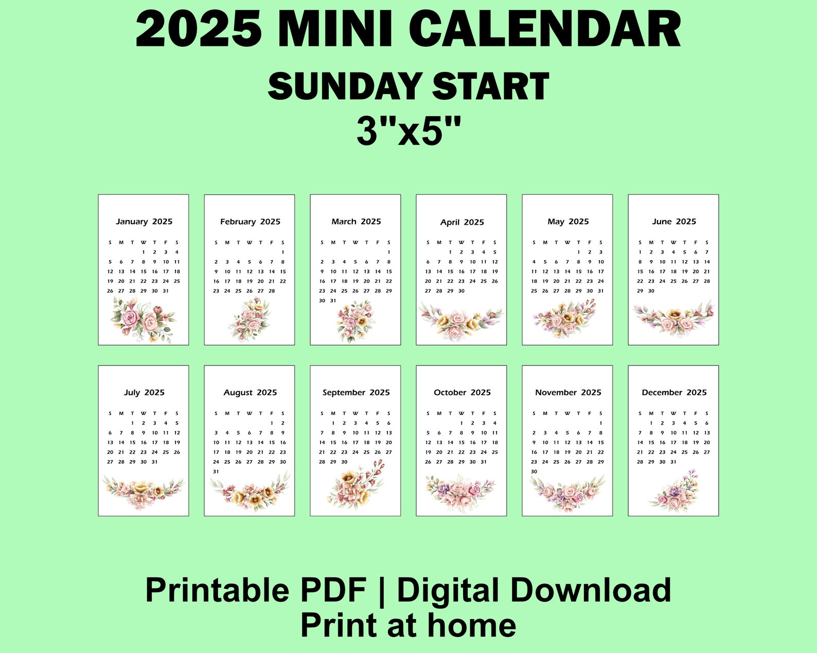 2024 2025 Floral Watercolor Mini Calendar Printable PDF, 3x5 Inches ...