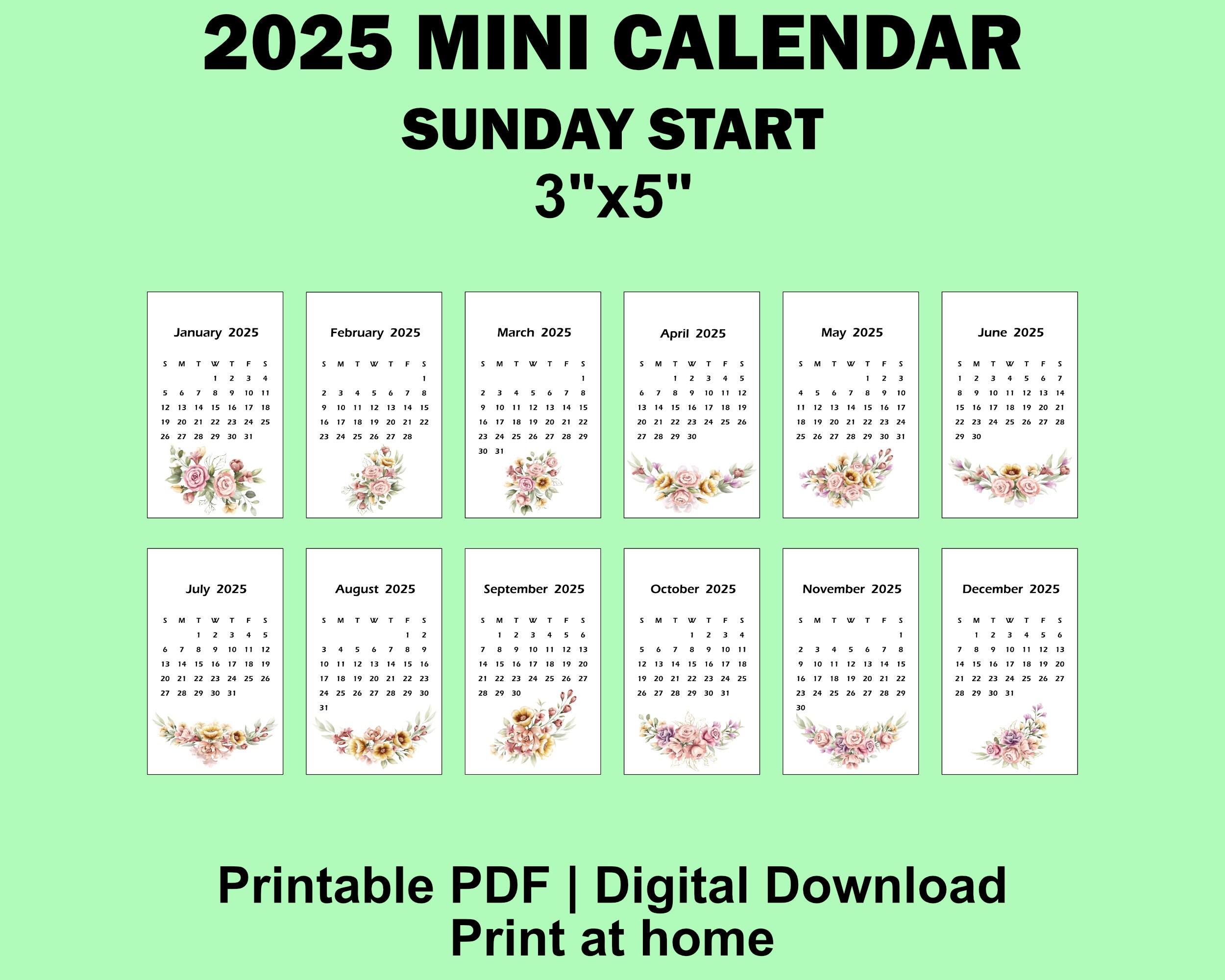 2024 2025 Floral Watercolor Mini Calendar Printable PDF, 3x5 Inches ...