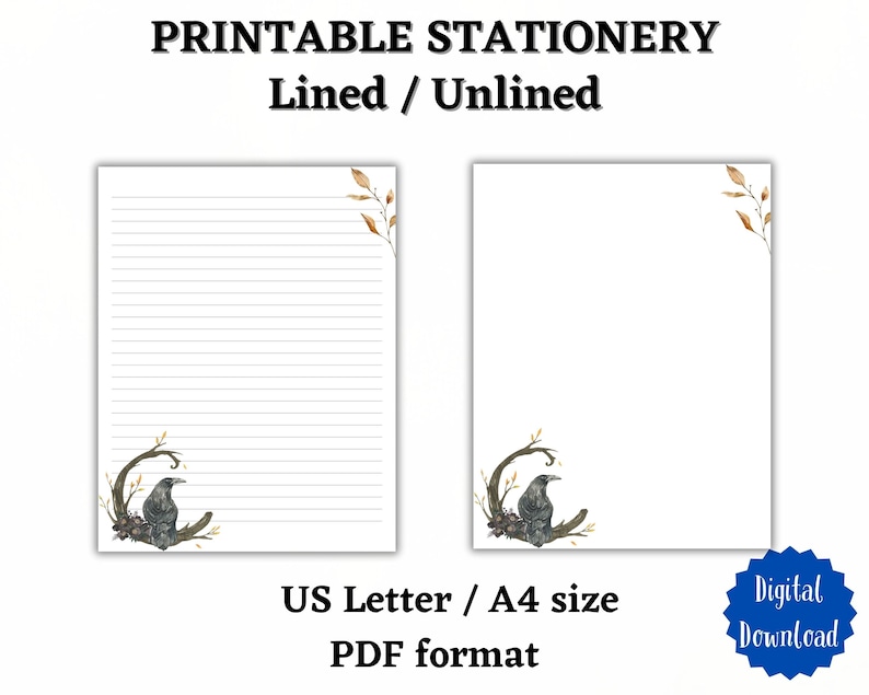 Printable Black Crow Stationery, Letter Writing Paper, Lined and ...