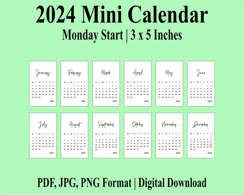 2024 Mini Calendar Printable PDF, 3 X 5 Inches, Small Calendar, Sunday ...