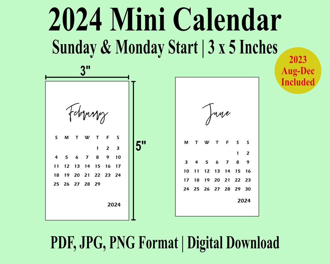 2024 Mini Calendar Printable PDF, 3 X 5 Inches, Small Calendar, Sunday ...