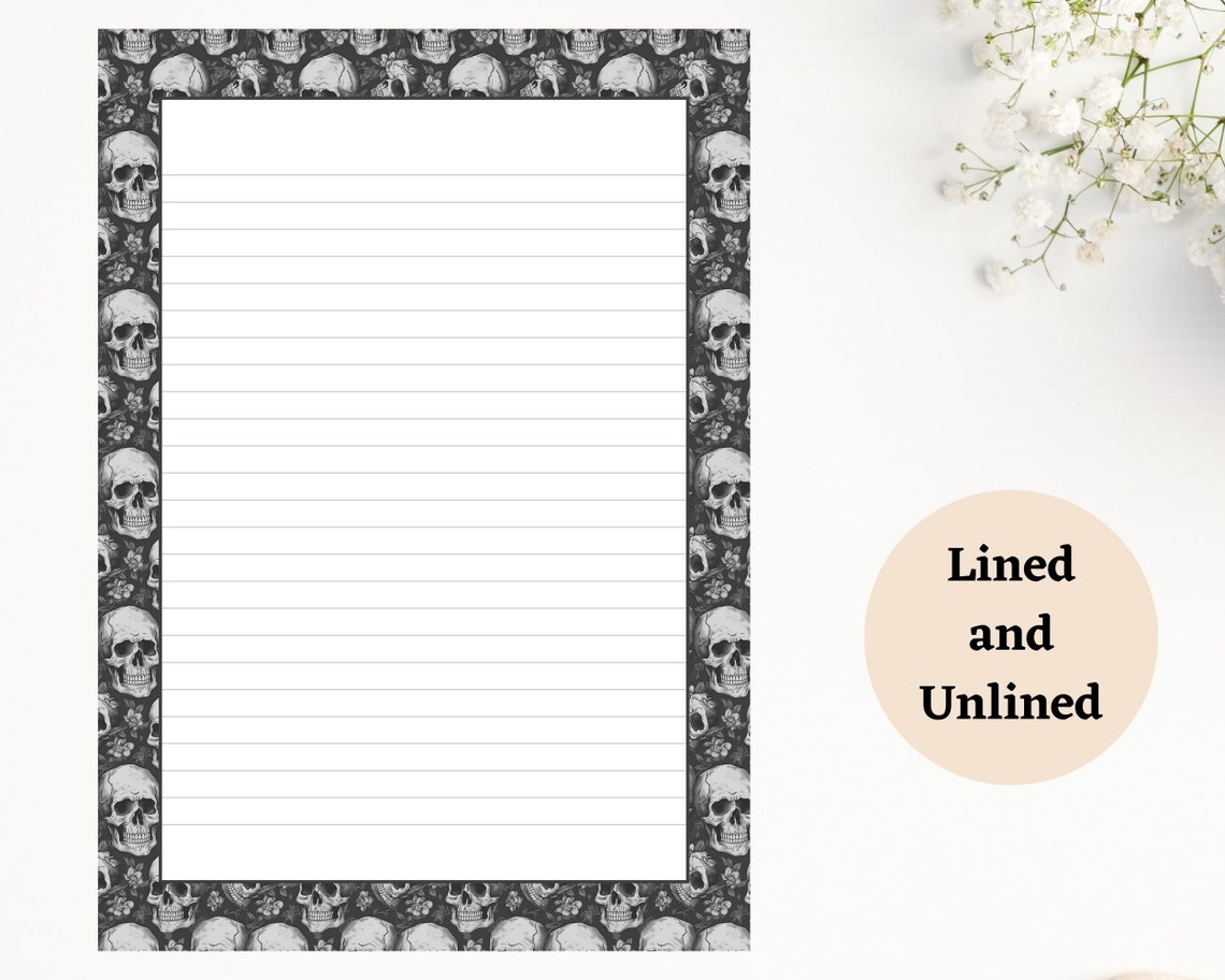 Printable Skull Stationery, Letter Writing Paper, Skull Lined and ...