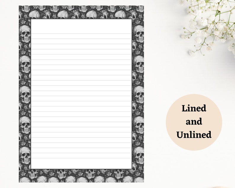 Printable Skull Stationery, Letter Writing Paper, Skull Lined and ...