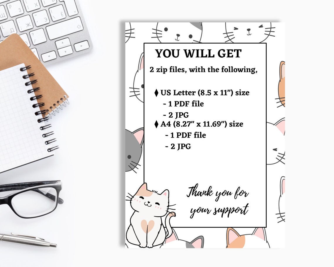 Cute Kawaii Cat Stationery Printable PDF, Cat Lover Letter Writing ...