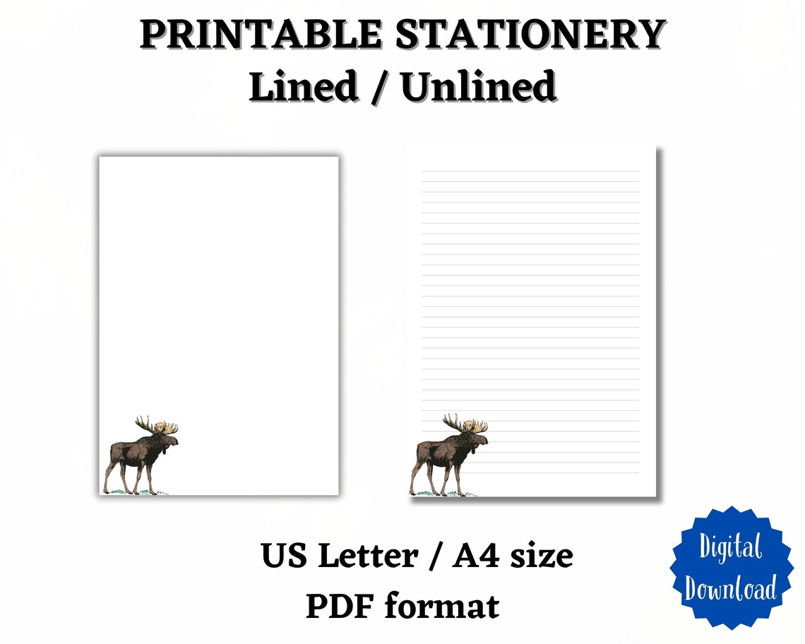 Moose Stationery Printable, Animal Stationery, Lined and Unlined Letter ...