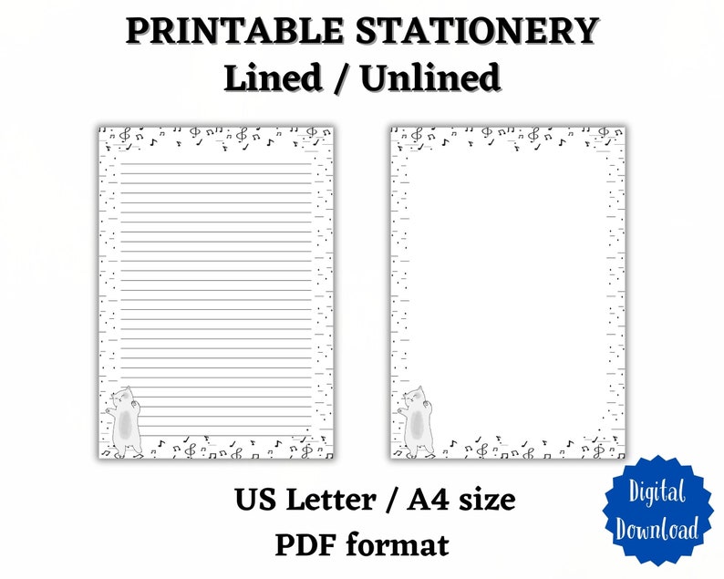 Printable Cat With Music Note Stationery, Music Note Lined and Unlined ...