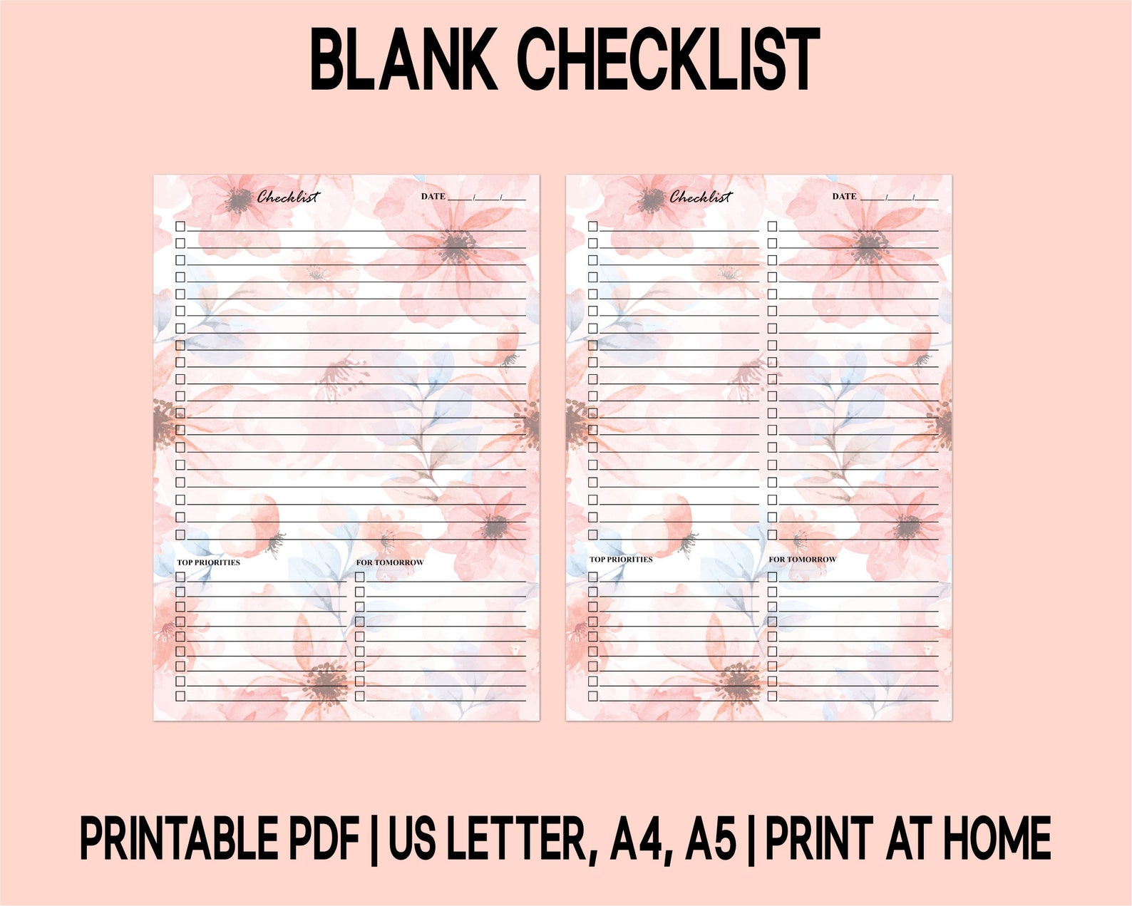Blank Checklist Template Printable PDF, 2 Versions Checklist, Letter ...