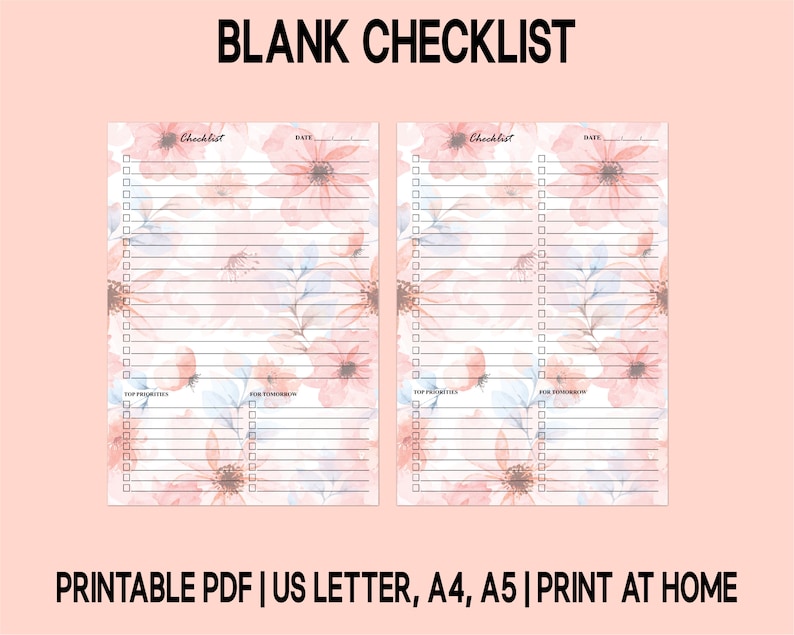 Blank Checklist Template Printable PDF, 2 Versions Checklist, Letter ...