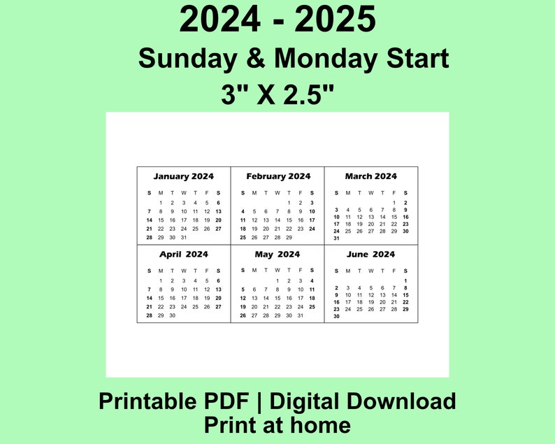 2024 2025 Mini Calendar Printable PDF, 3x2.5 Inches, Monday and Sunday ...