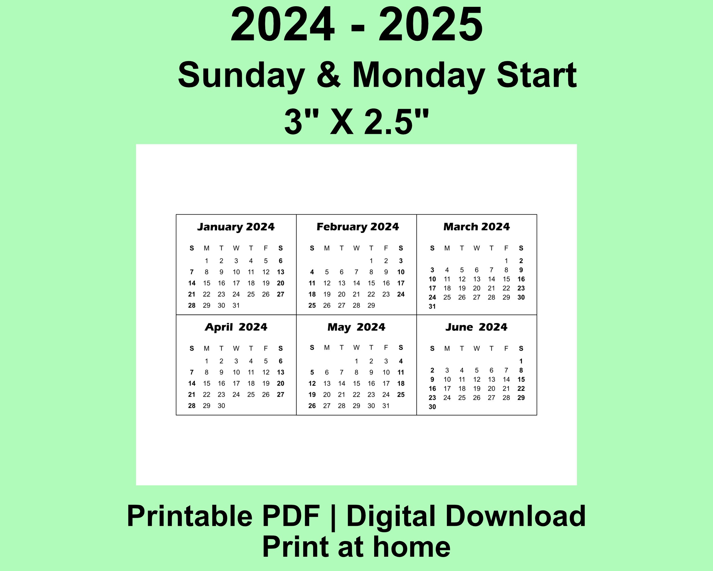 2024 2025 Mini Calendar Printable PDF, 3x2.5 Inches, Monday and Sunday ...