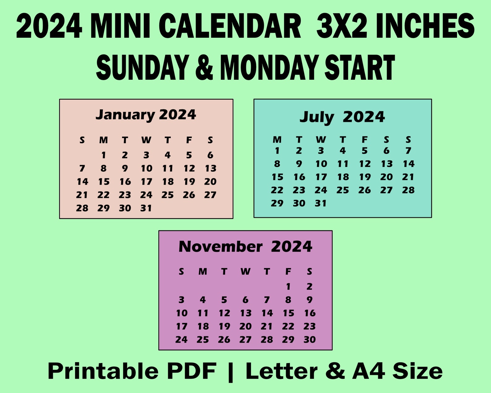 2024 Mini Calendar Printable PDF, 3x2 Inches, Pocket Calendar, Journal ...