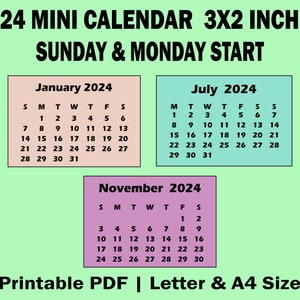 2024 Mini Calendar Printable PDF, 3x2 Inches, Pocket Calendar, Journal ...