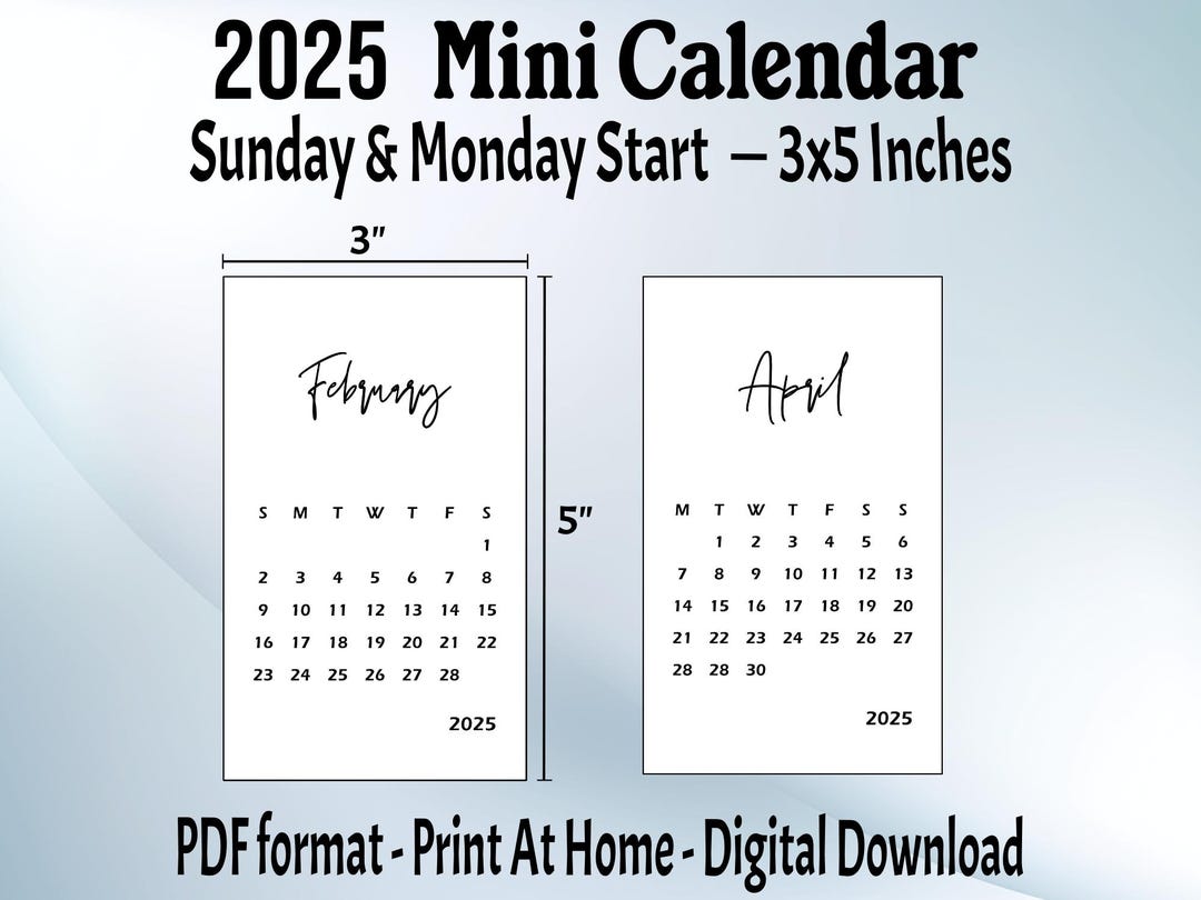 2025 Mini Calendar Printable PDF, 3 X 5 Inches, Small Calendar, Sunday ...