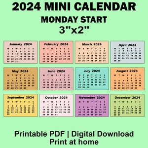 2024 Mini Calendar Printable PDF, 3x2 Inches, Pocket Calendar, Journal ...