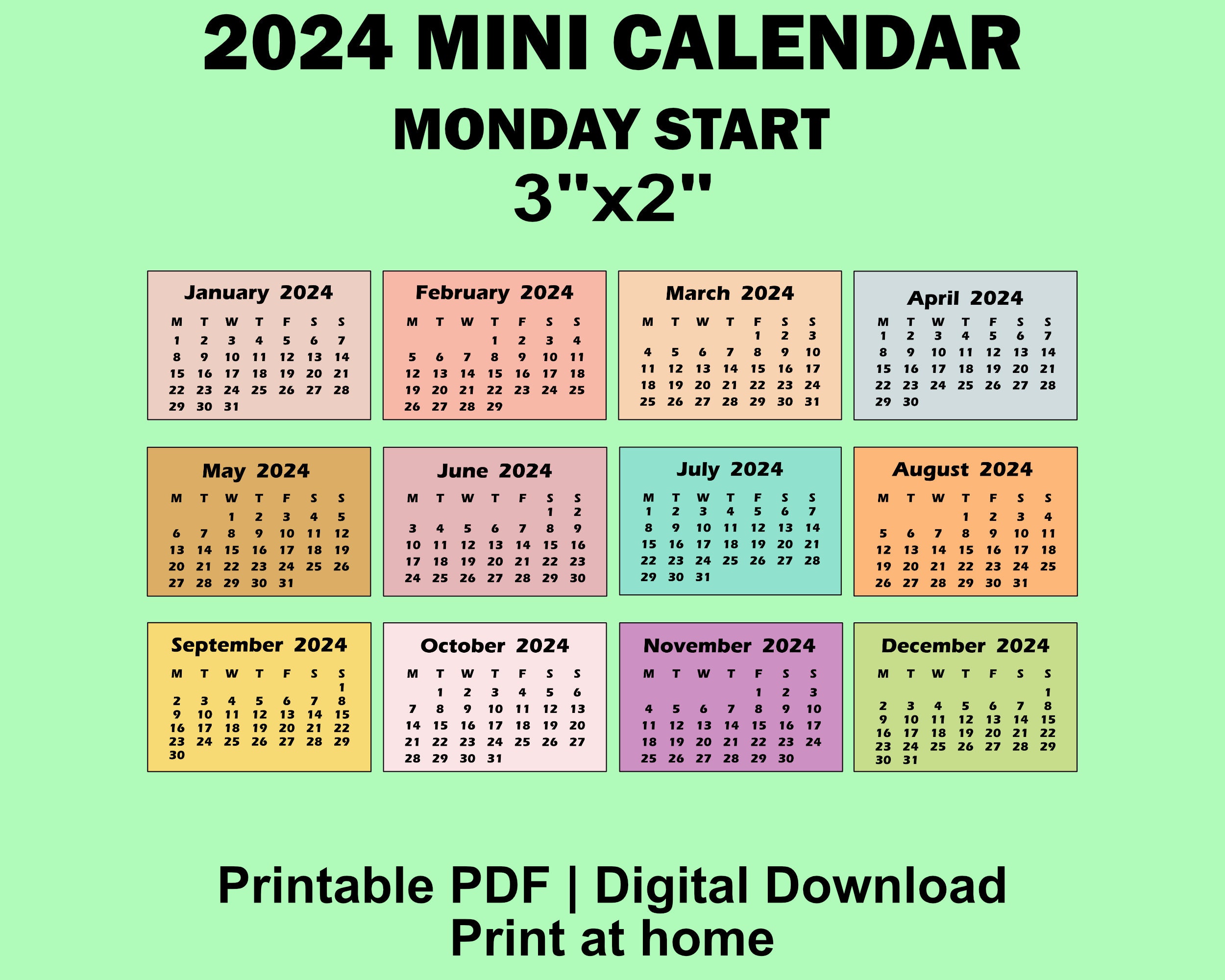 2024 Mini Calendar Printable PDF, 3x2 Inches, Pocket Calendar, Journal ...