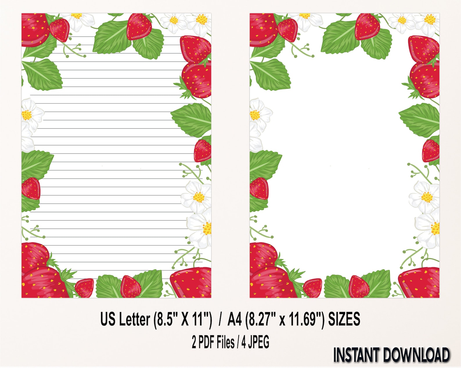 Printable Strawberries Stationery, Instant Download, Blank and Lined ...