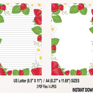 Printable Strawberries Stationery, Instant Download, Blank and Lined ...