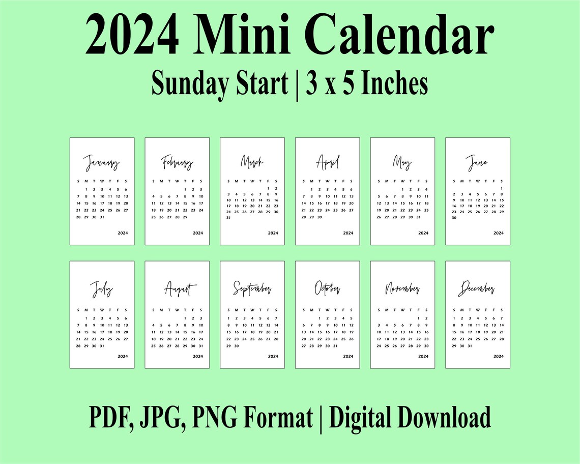 2024 Mini Calendar Printable PDF, 3 X 5 Inches, Small Calendar, Sunday ...