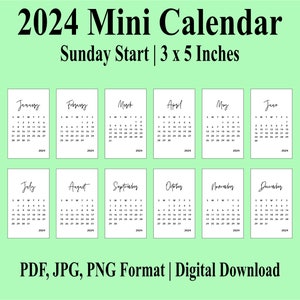 2024 Mini Calendar Printable PDF, 3 X 5 Inches, Small Calendar, Sunday ...