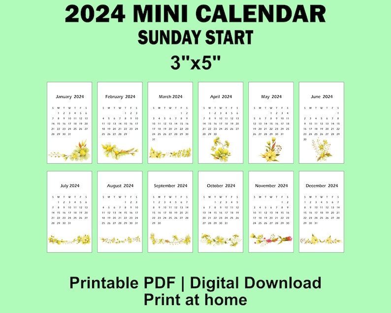 2024 2025 Floral Watercolor Mini Calendar Printable PDF, 3x5 Inches ...