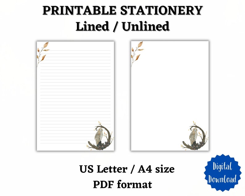 Printable Owl Stationery, Printable Stationery Lined and Unlined Paper ...