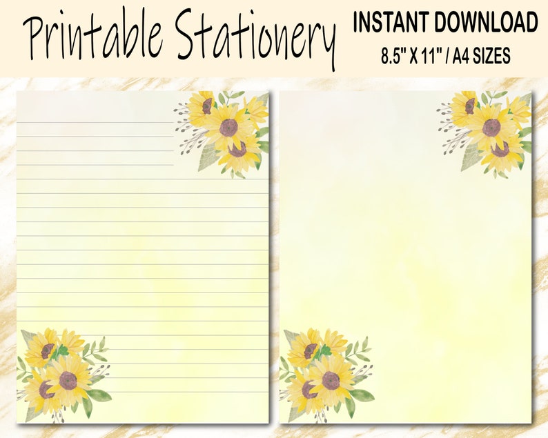 Printable Sunflower Stationery Printable Stationery Lined and - Etsy