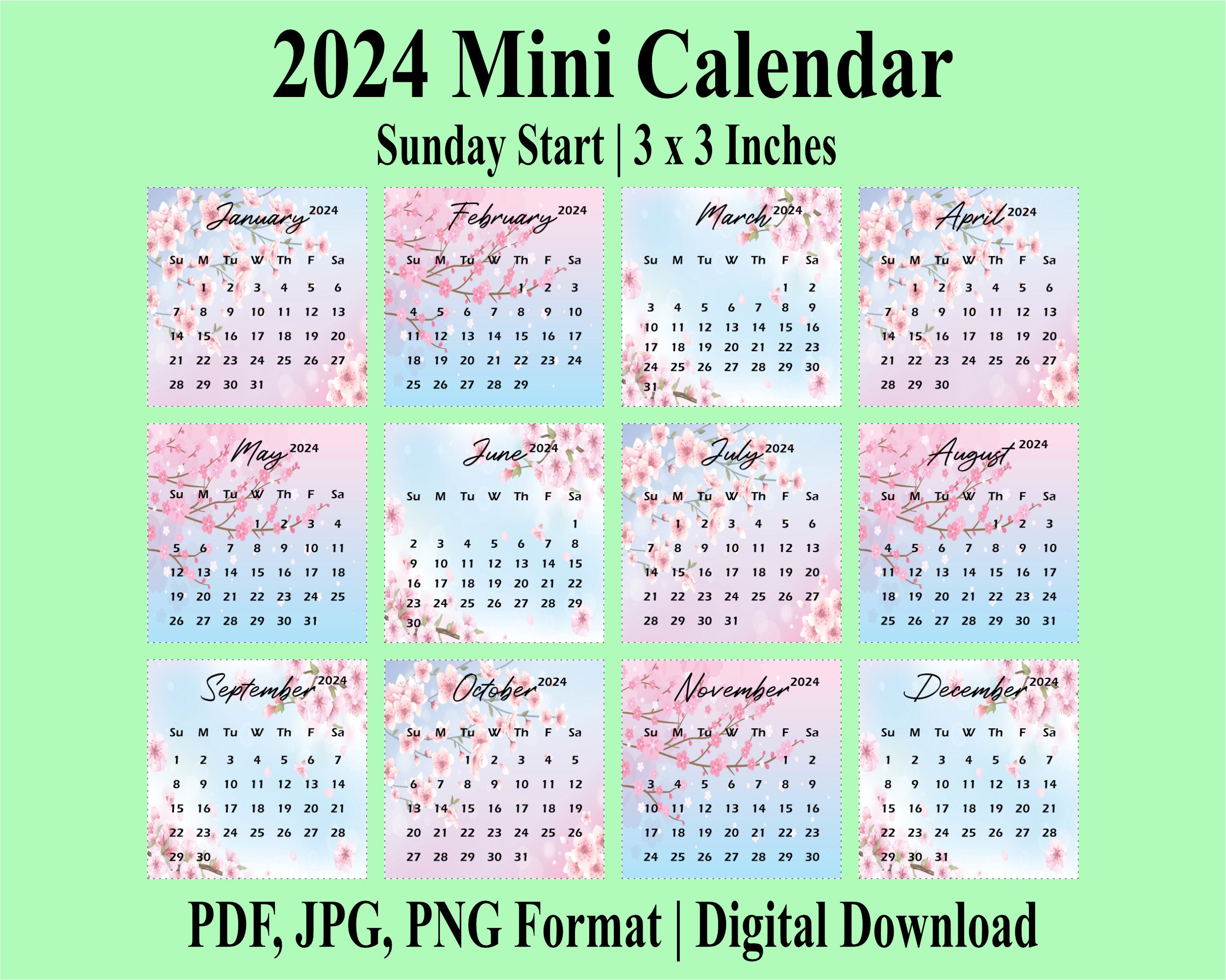 Printable PDF 2024 Mini Calendar Floral, 3x3 Inches, Sunday & Monday ...