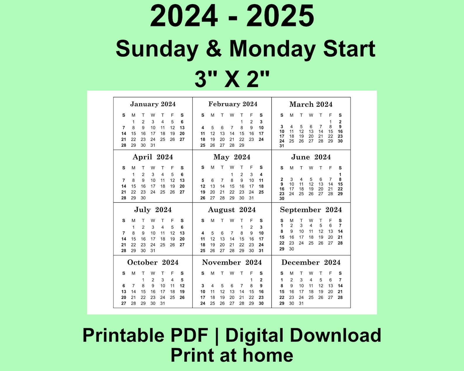 2024 2025 Mini Calendar Printable PDF, 2x3 Inches, Small Calendar, Desk ...