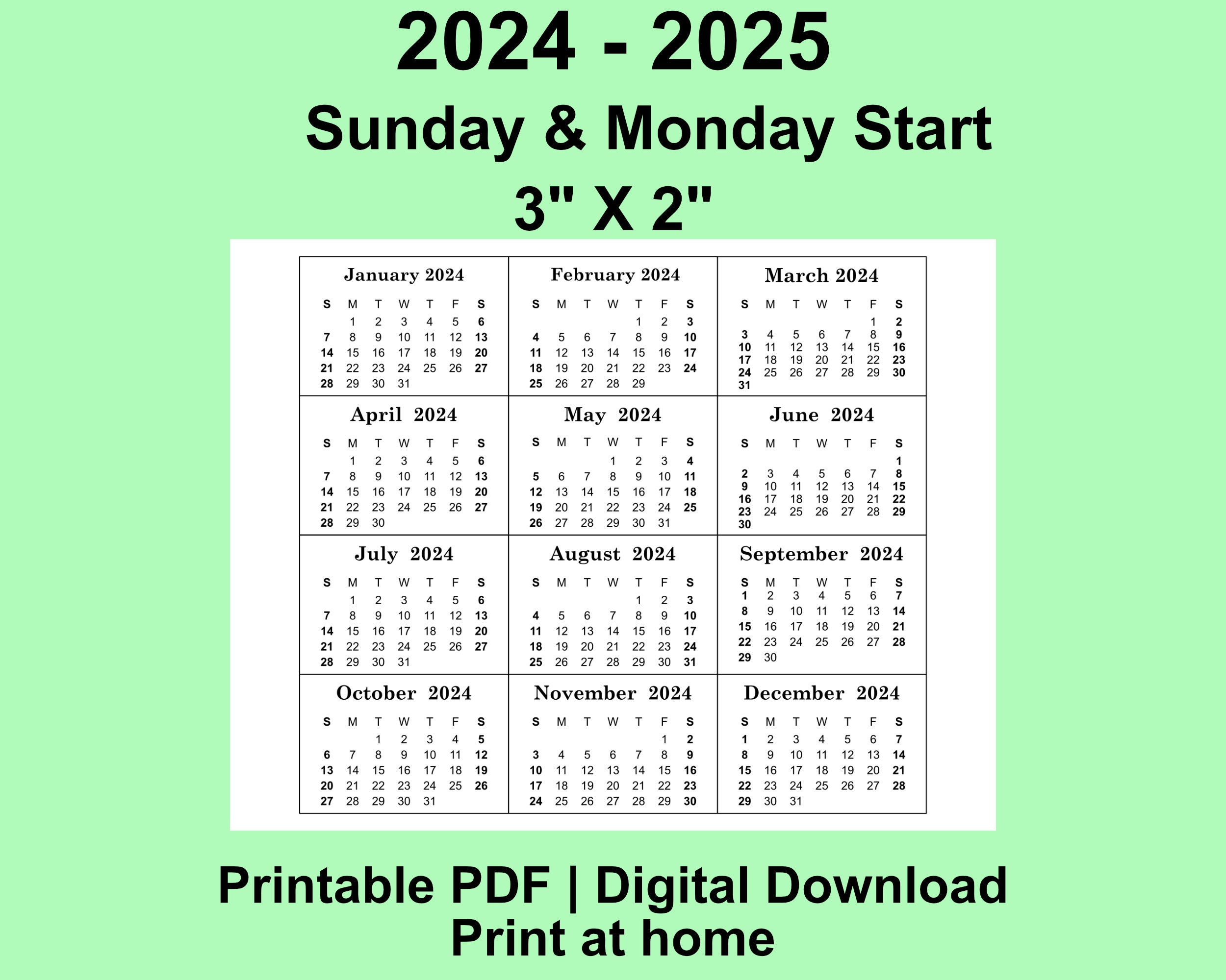 2024 2025 Mini Calendar Printable PDF, 2x3 Inches, Small Calendar, Desk ...