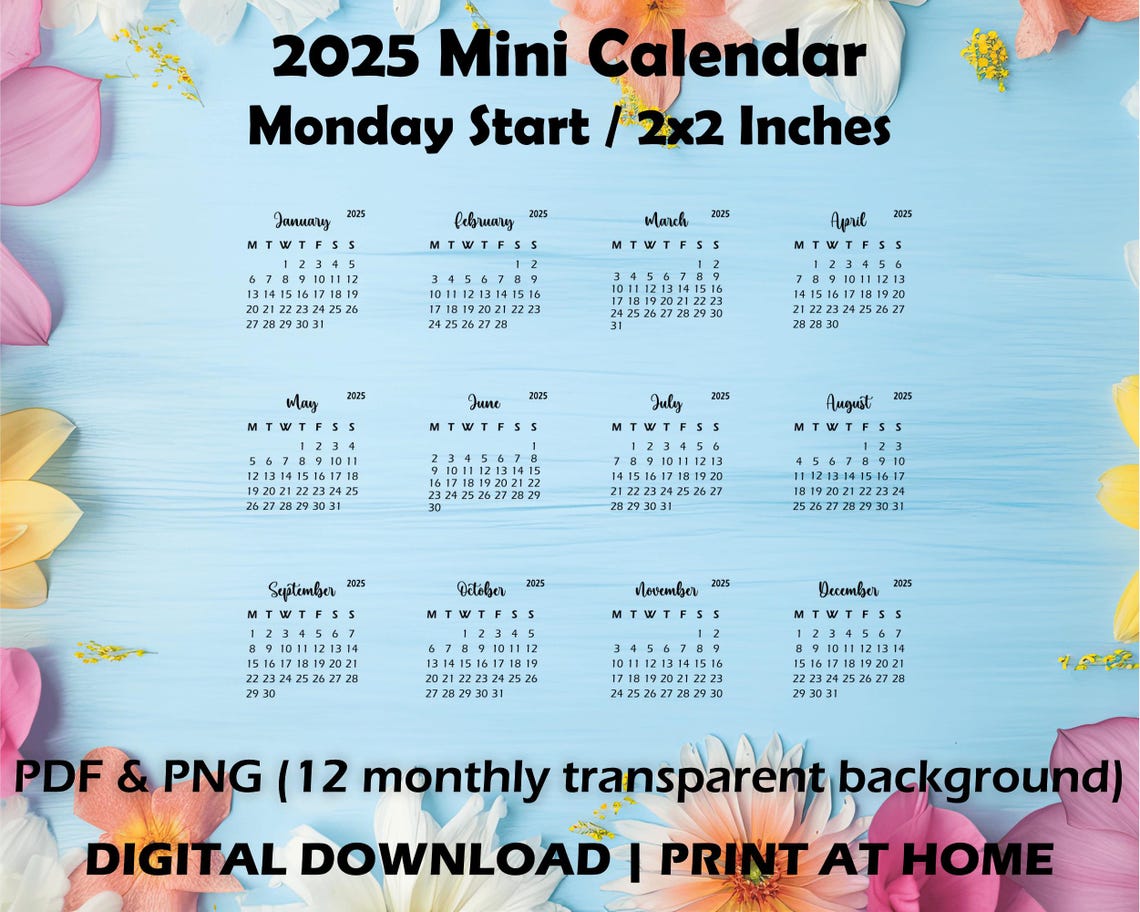 Printable 2025 PNG Calendar, 2x2 Inches, Transparent Monthly Calendar ...