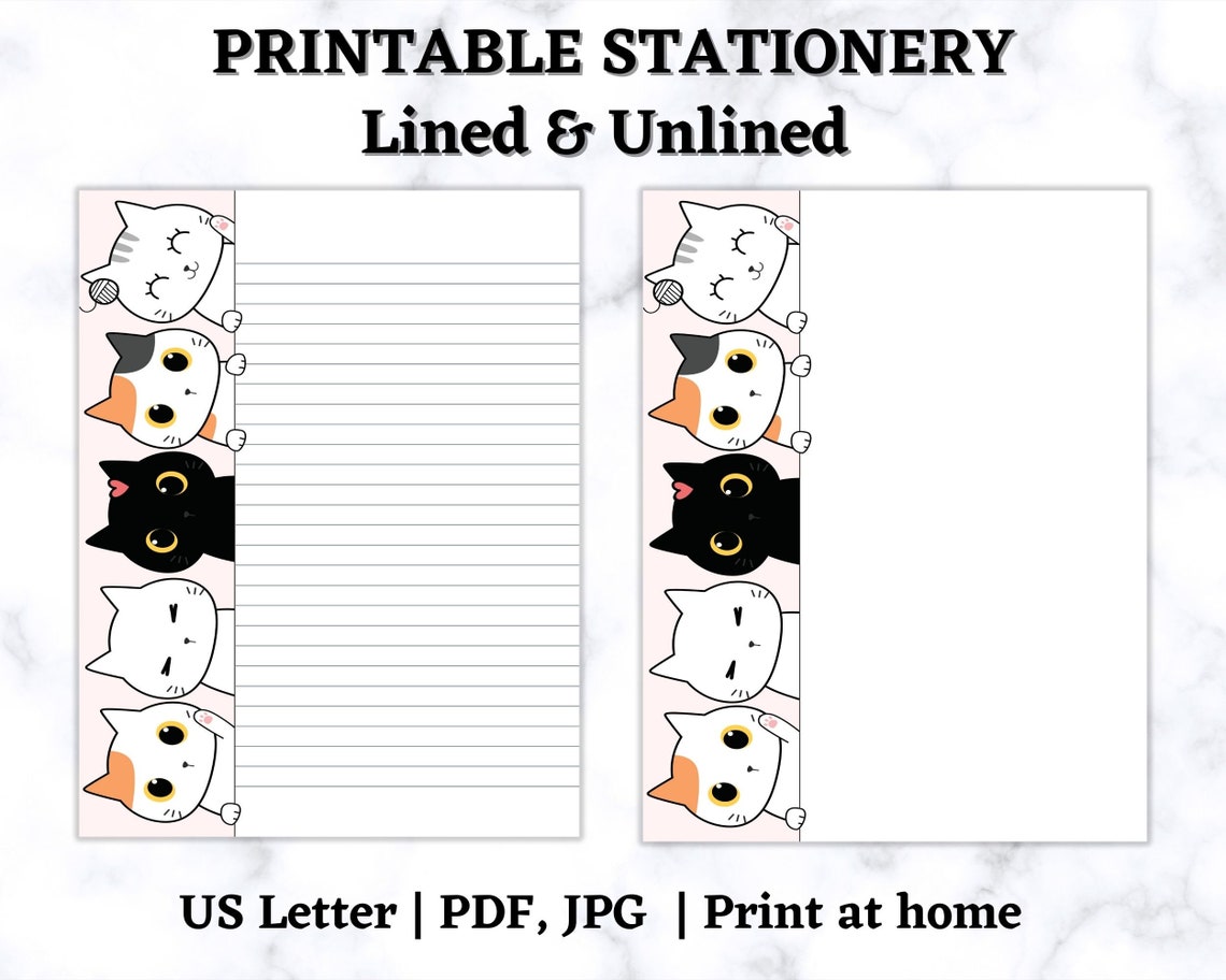 Cat Stationery Printable PDF, Lined and Unlined Digital Paper, Letter ...