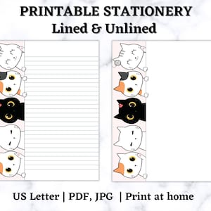 Cat Stationery Printable PDF, Lined and Unlined Digital Paper, Letter ...