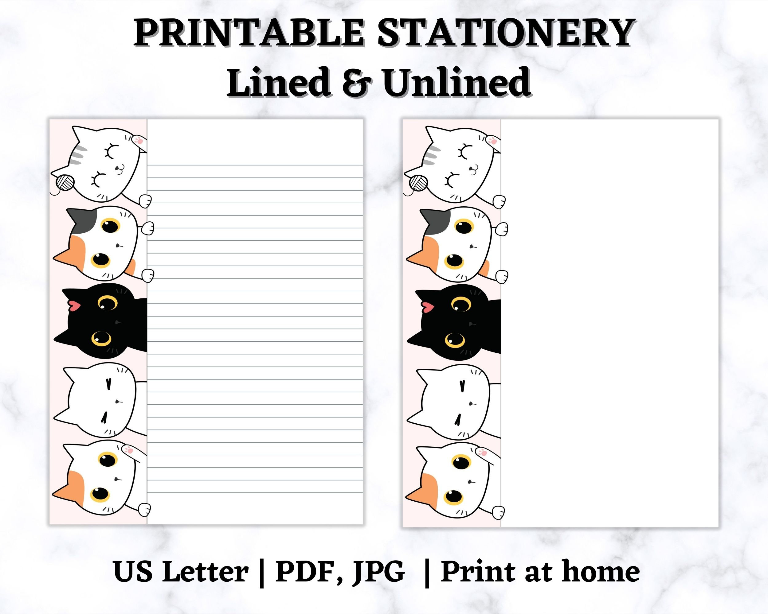 Cat Stationery Printable PDF, Lined and Unlined Digital Paper, Letter ...