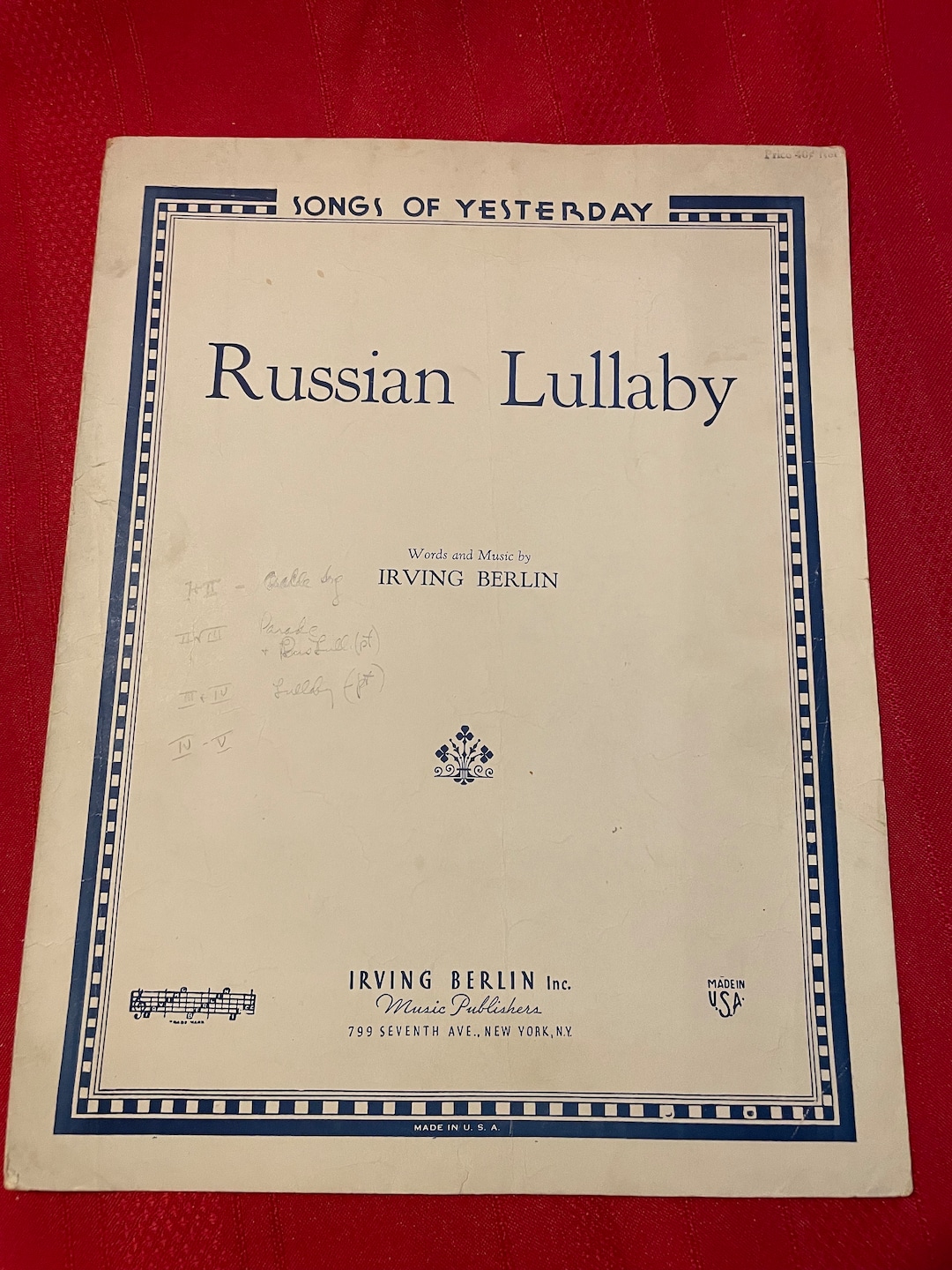 Russian Lullaby Sheet Music, Words and Music by Irving Berlin, Songs of ...