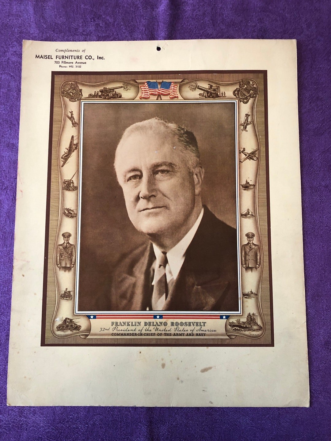 Franklin Delano Roosevelt Mini Poster, 1942, 10 X 8 Inches, Original - Etsy